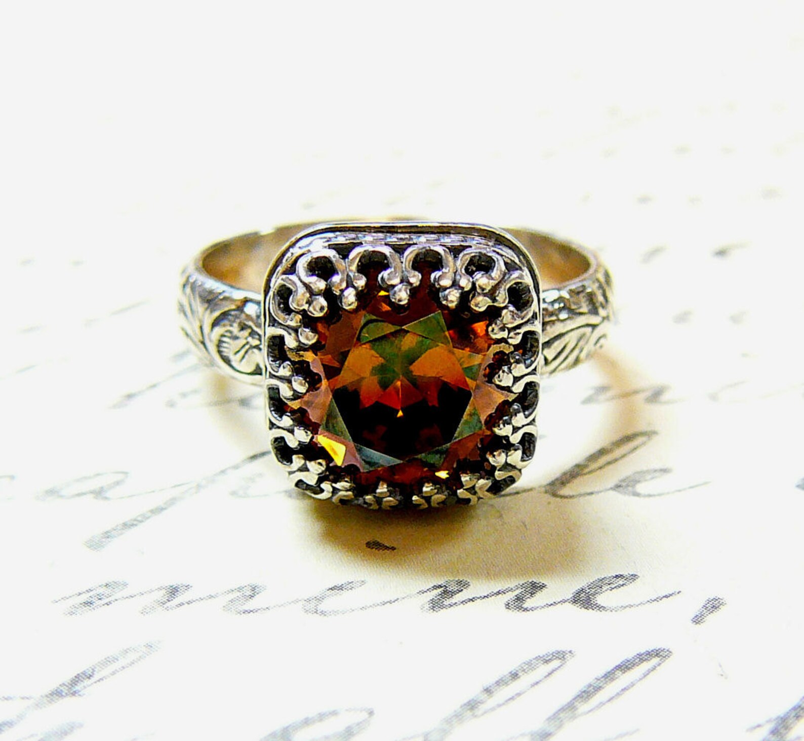 Ana Ring Vintage Sterling Silver Floral Band Crystal Ring | Etsy