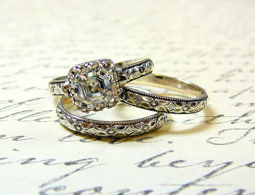 Alexis Ring Trio - Vintage Engagement Sterling Silver Asscher Cut CZ ...