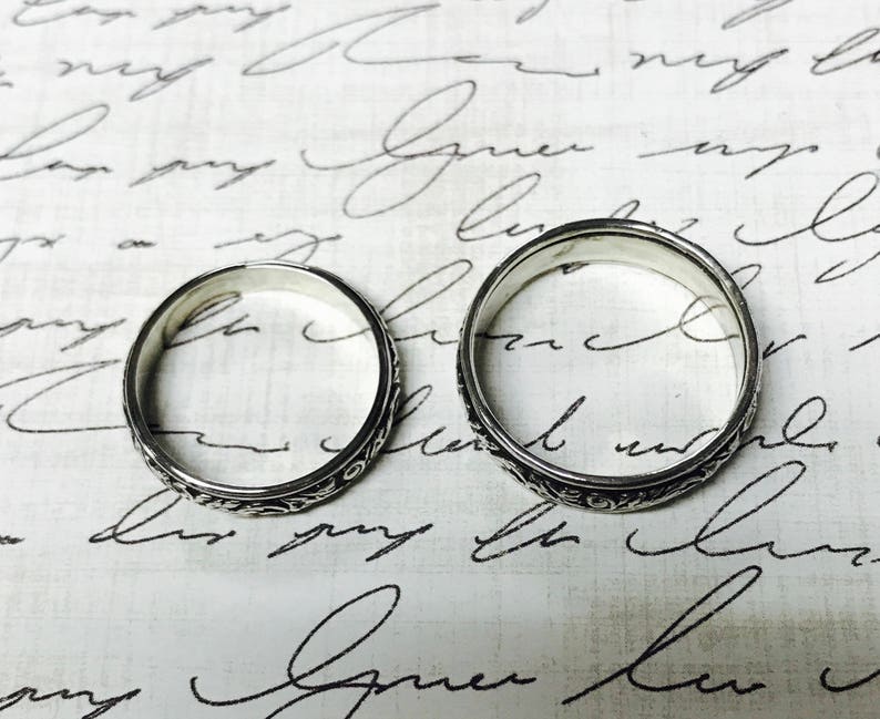 Vintage Style Sterling Silver Pattern Wedding Bands Matching - Etsy