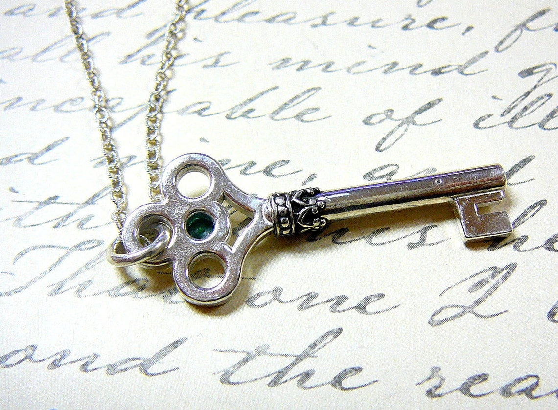 Sterling Silver Skeleton Key Pendant with Emerald Accent and | Etsy