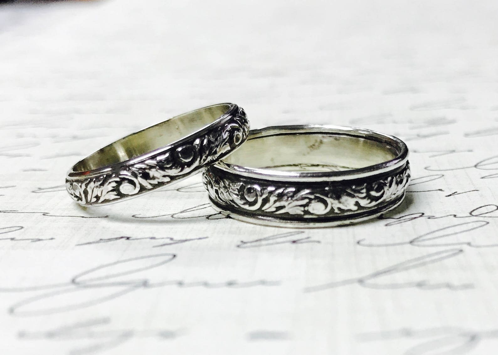 Vintage Style Sterling Silver Pattern Wedding Bands Matching - Etsy