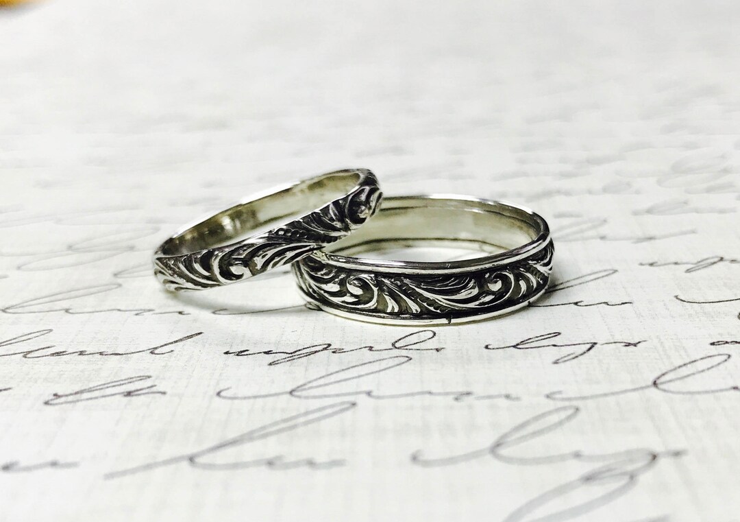 Vintage Style Sterling Silver Pattern Wedding Bands Matching Pair ...