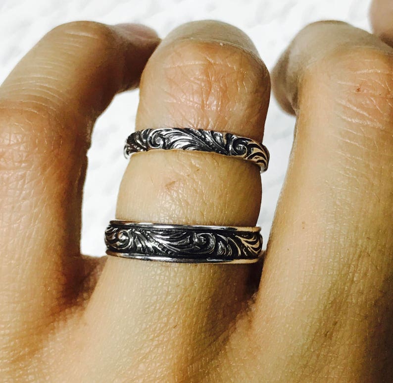 Vintage Style Sterling Silver Pattern Wedding Bands Matching - Etsy