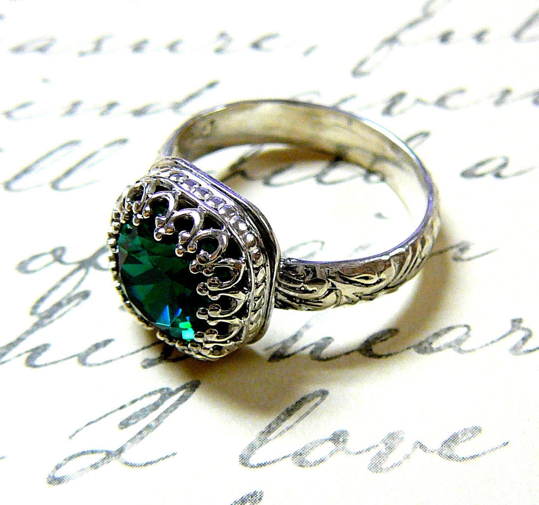Ana Ring Vintage Sterling Silver Floral Band Emerald Green Crystal Ring ...