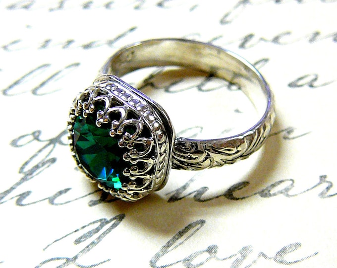 Ana Ring - Vintage Sterling Silver Floral Band Emerald Green Crystal ...