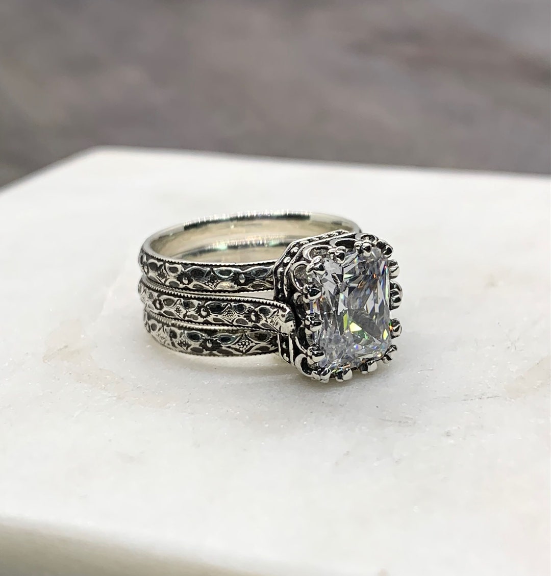 Vivienne Ring Trio - Vintage Style Sterling Silver Engagement Ring Trio ...