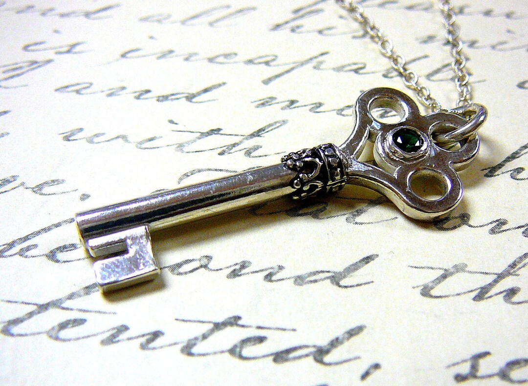 Sterling Silver Skeleton Key Pendant With Birthstone Gemstone Accent of ...