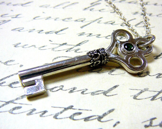 Sterling Silver Skeleton Key Pendant With Birthstone Gemstone Accent of ...