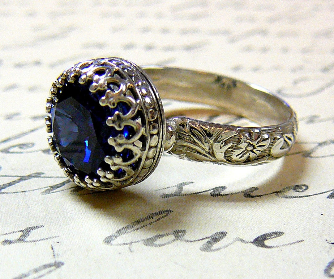 Elizabeth Ring Vintage Inspired Engagement Sterling Silver Created Blue ...