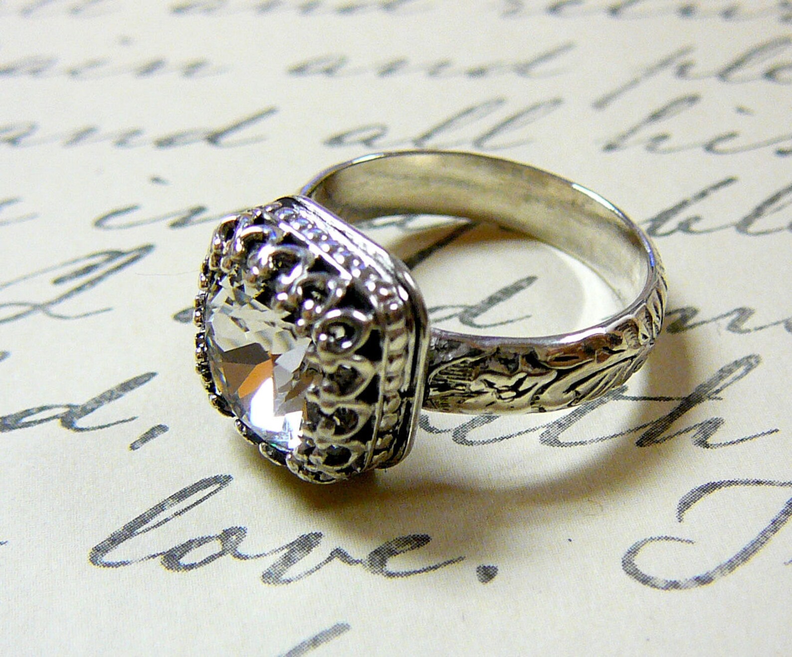 Ana Ring Vintage Sterling Silver Floral Band Crystal Ring - Etsy