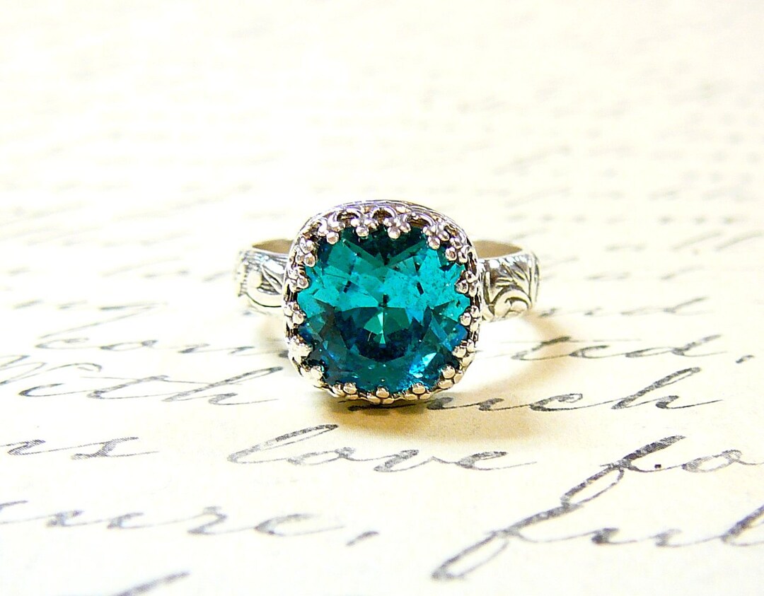 Ana Ring - Vintage Goth Sterling Silver Floral Band Blue Zircon Crystal ...