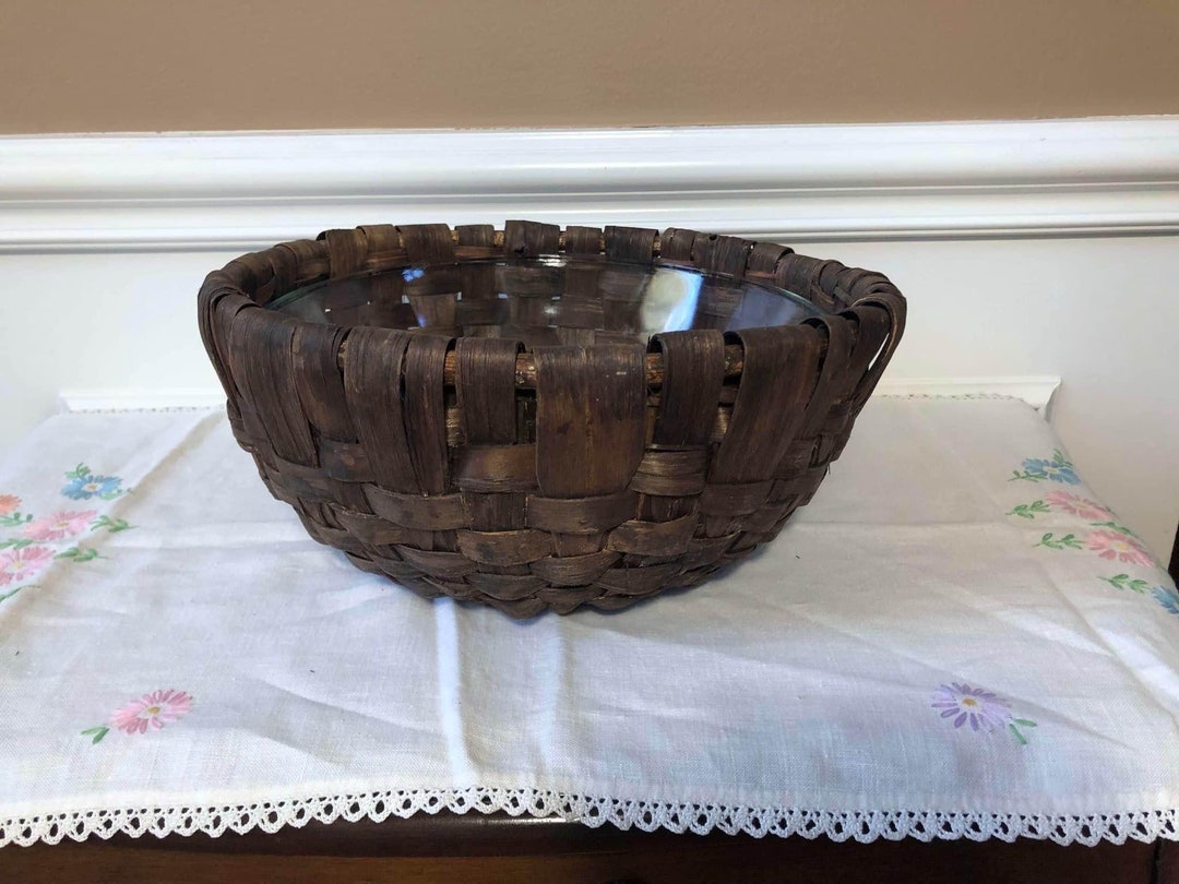 Vintage 12” Split Wood Interwoven Basket With Glass Serving Bowl Insert ...