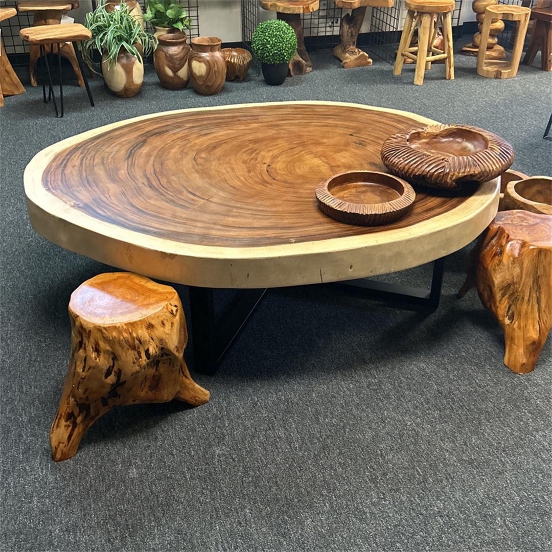 Extra-large Rustic Round Wood Slab Live Edge Coffee Table, Metal Leg ...