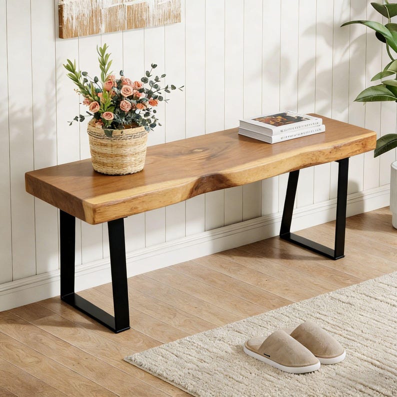 Rustic Suar Wood Bench With Butterfly Inlay – Farmhouse Entryway Decor ...