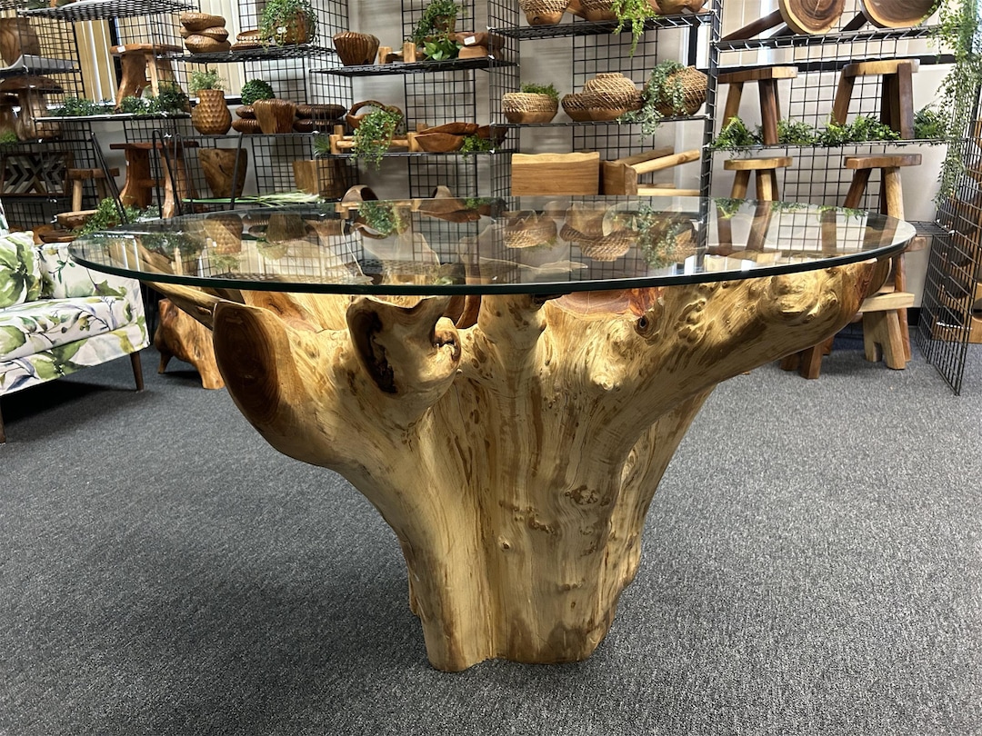 Hand-carved Teak Roots Dining Table With Sleek Round 49" Glass Top ...