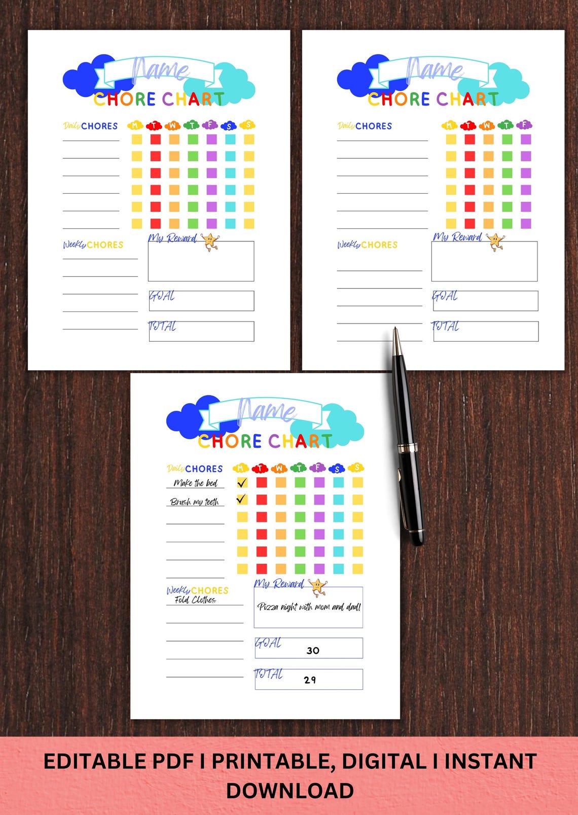 Kids Chore Chart I Editable Kids Reward Chart I Responsibility Chart ...