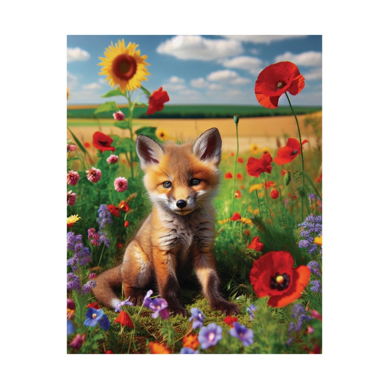 Cute Baby Red Fox Matte Poster Wildflower Meadow Wall Art Woodland ...