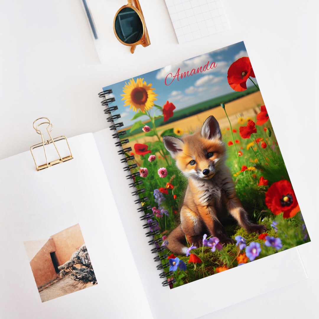 Cute Baby Red Fox Spiral Notebook Wildflower Meadow Journal 6x8 Ruled ...