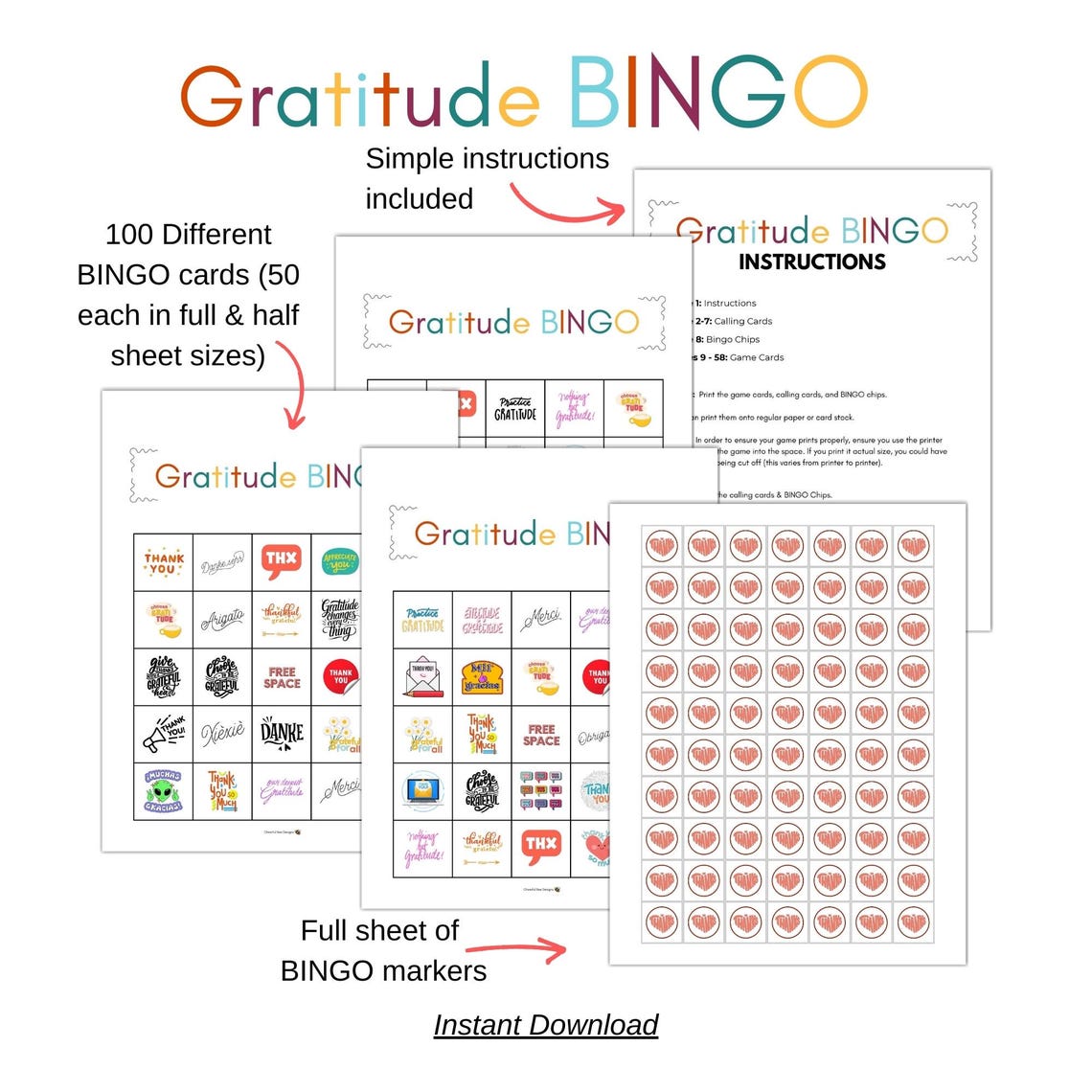 Gratitude BINGO Game - 50 Unique Cards in 2 Sizes, Perfect for ...