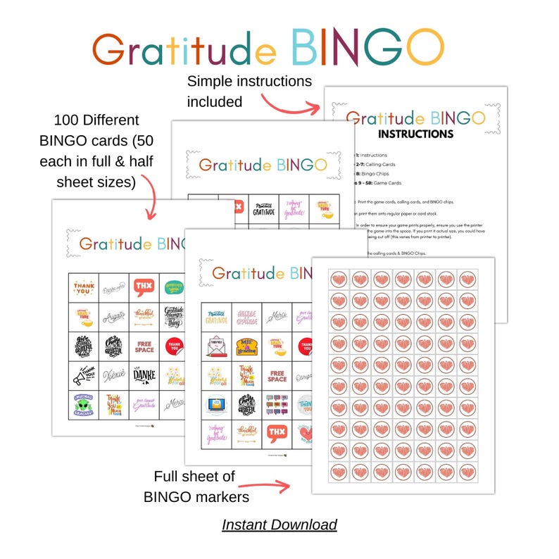 Gratitude BINGO Game - 50 Unique Cards in 2 Sizes, Perfect for ...