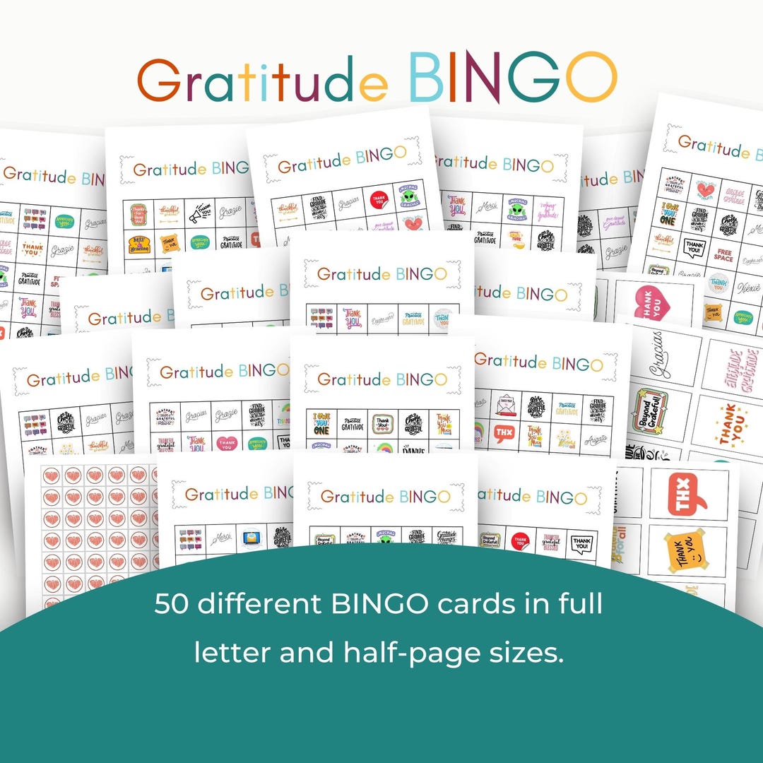 Gratitude BINGO Game - 50 Unique Cards in 2 Sizes, Perfect for ...