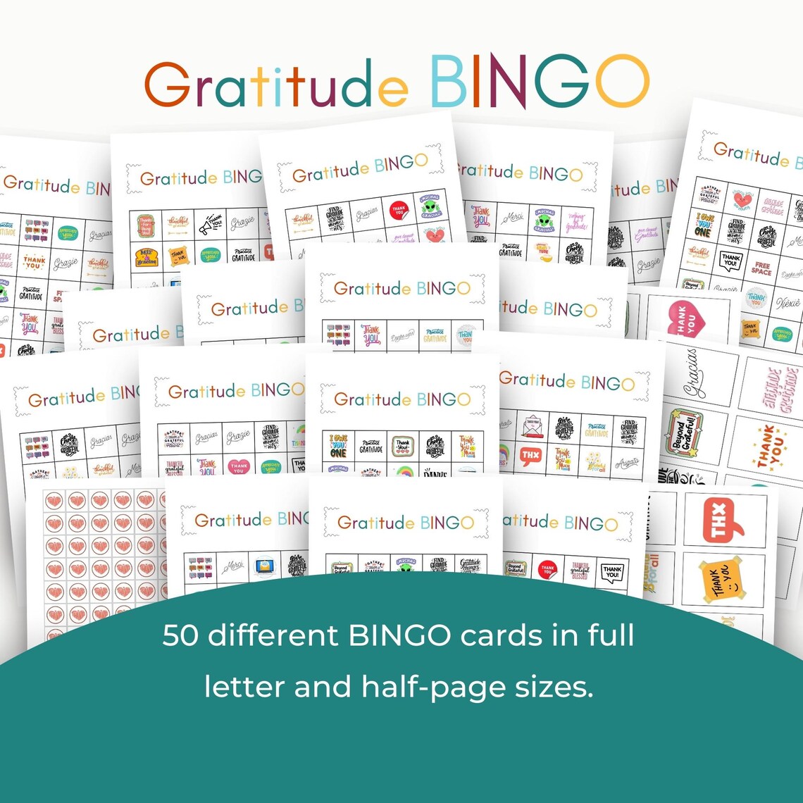 Gratitude BINGO Game - 50 Unique Cards in 2 Sizes, Perfect for ...