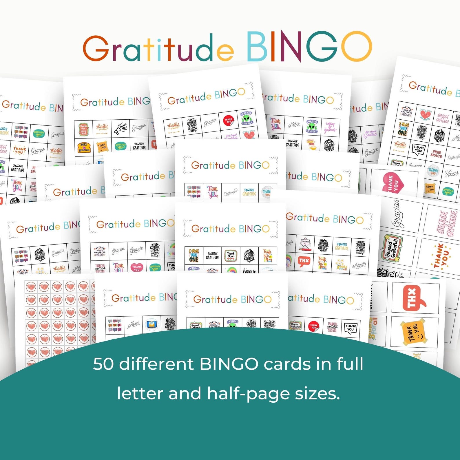 Gratitude BINGO Game - 50 Unique Cards in 2 Sizes, Perfect for ...