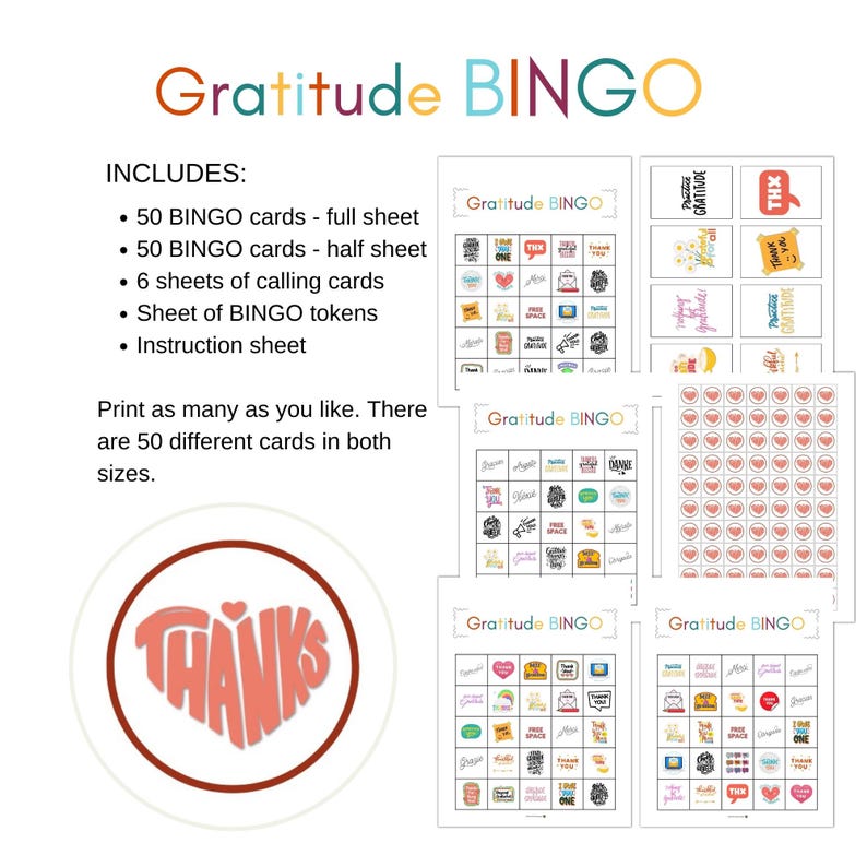 Gratitude BINGO Game - 50 Unique Cards in 2 Sizes, Perfect for ...