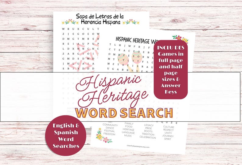 Hispanic Heritage Word Search Worksheets, English + Spanish Printable ...
