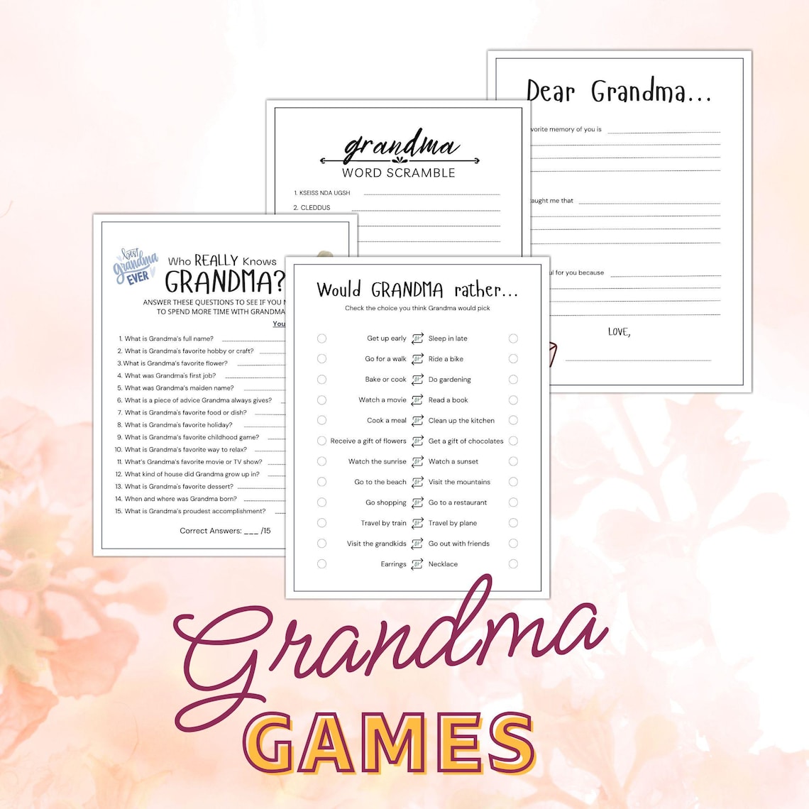 Grandma Printable Games, Great for Grandma's Birthday, Grandparents Day ...