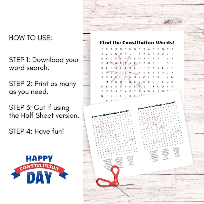 Constitution Day Word Search Printable, U.S. History Worksheet, Great ...