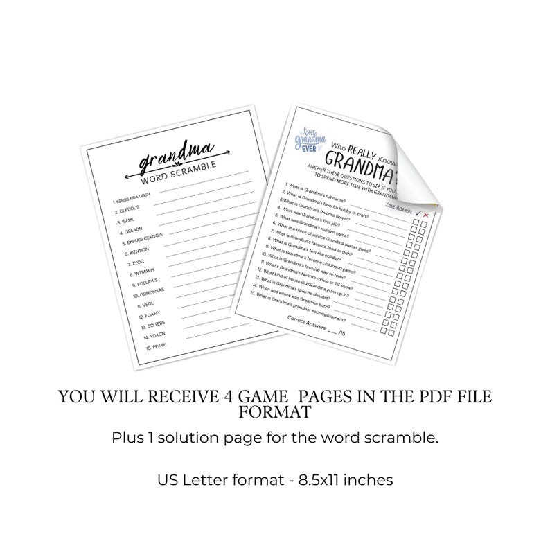 Grandma Printable Games, Great for Grandma's Birthday, Grandparents Day ...