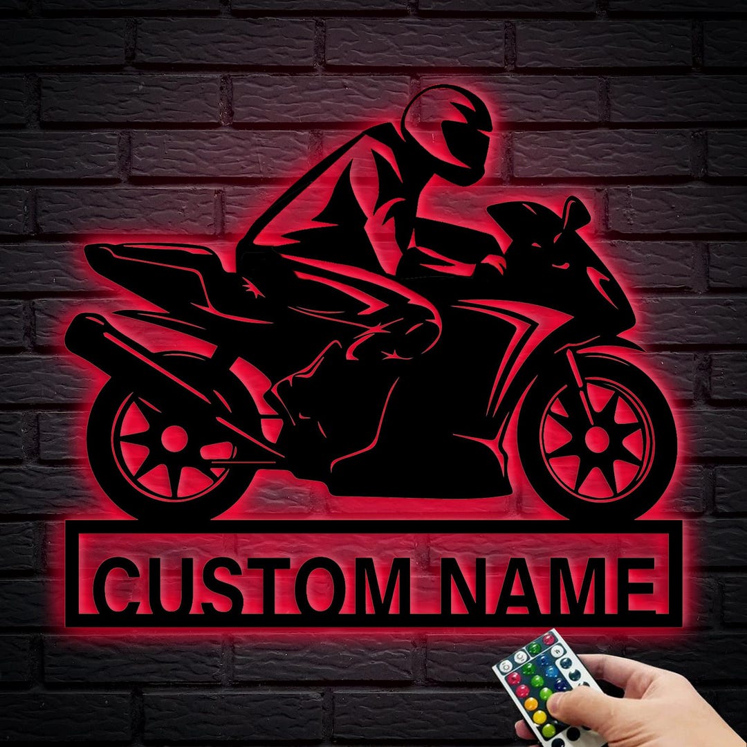 Custom Motorcycle Metal Wall Sign With LED Light, Personalized ...