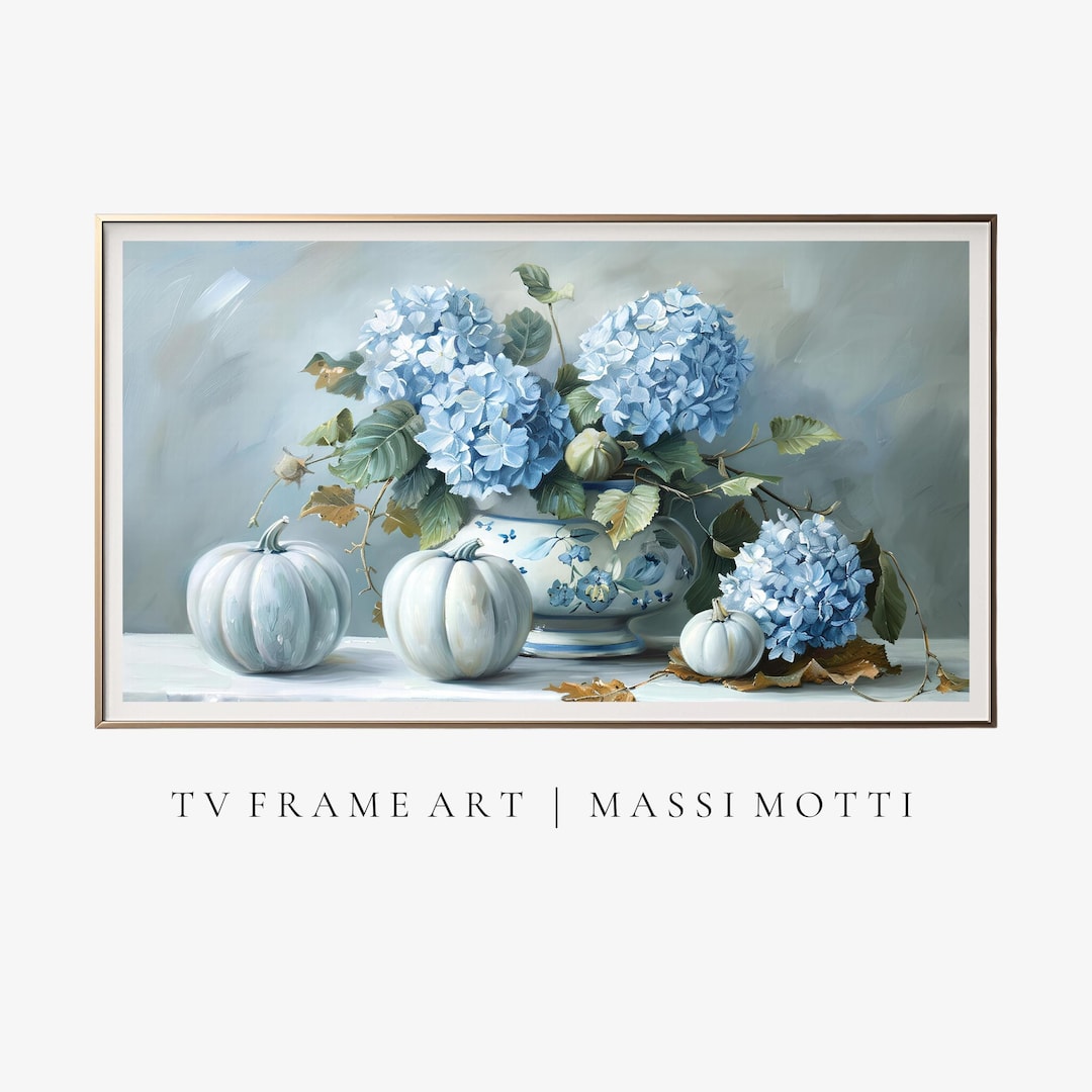 Frame TV Art Autumn Still Life Painting, Pumpkins, Blue Hydrangea ...
