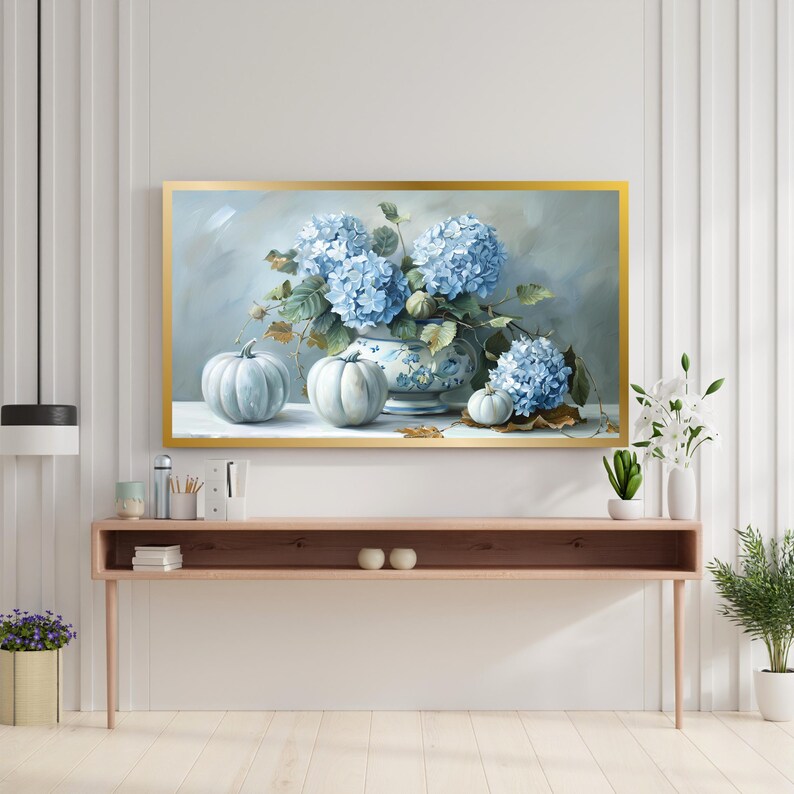 Frame TV Art Autumn Still Life Painting, Pumpkins, Blue Hydrangea ...