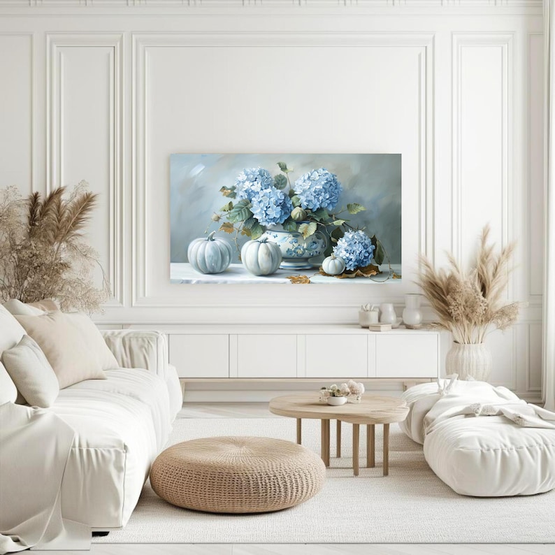Frame TV Art Autumn Still Life Painting, Pumpkins, Blue Hydrangea ...