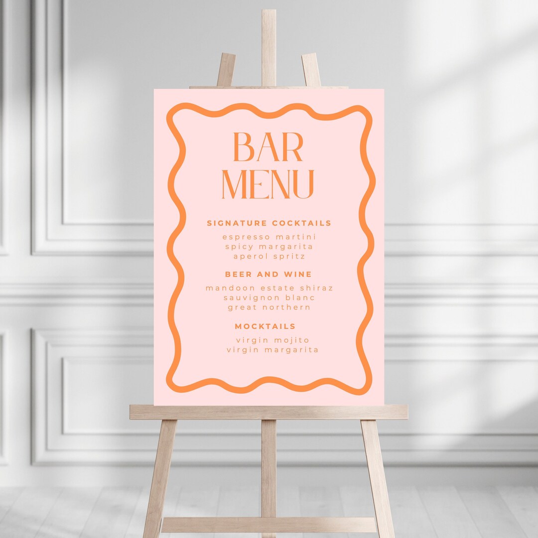 Editable Bar Menu Printable Drinks Menu Wavy Wedding Menu Pink Peach ...