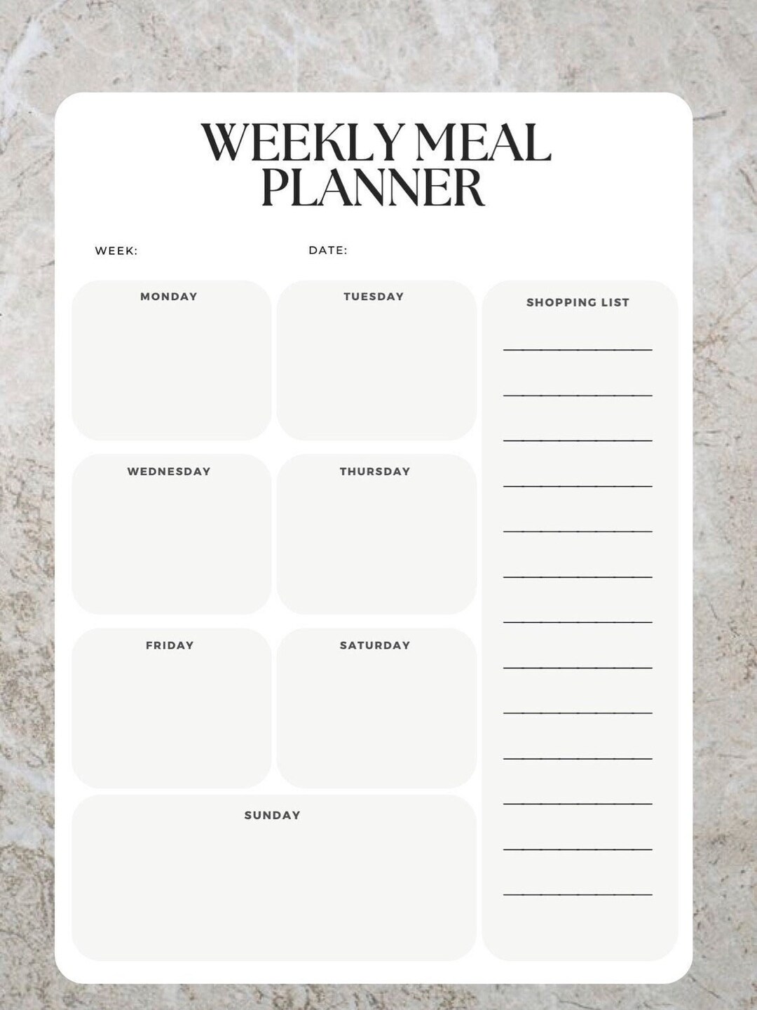 Organisational Weekly Grocery List and Meals Planner Digital Download ...