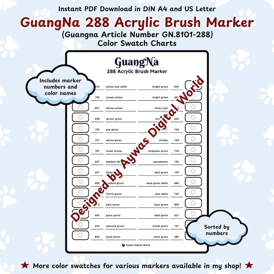 Guangna Acrylic Brush Marker 288 (GN.8101-288) Color Swatch Chart ...