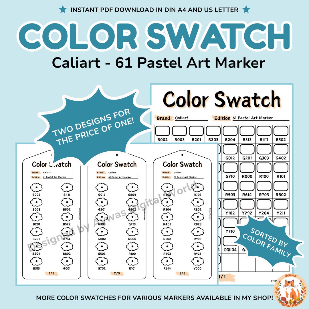 Caliart 61 Pastel Art Marker Color Swatch Chart – Cloud + Grid Designs ...