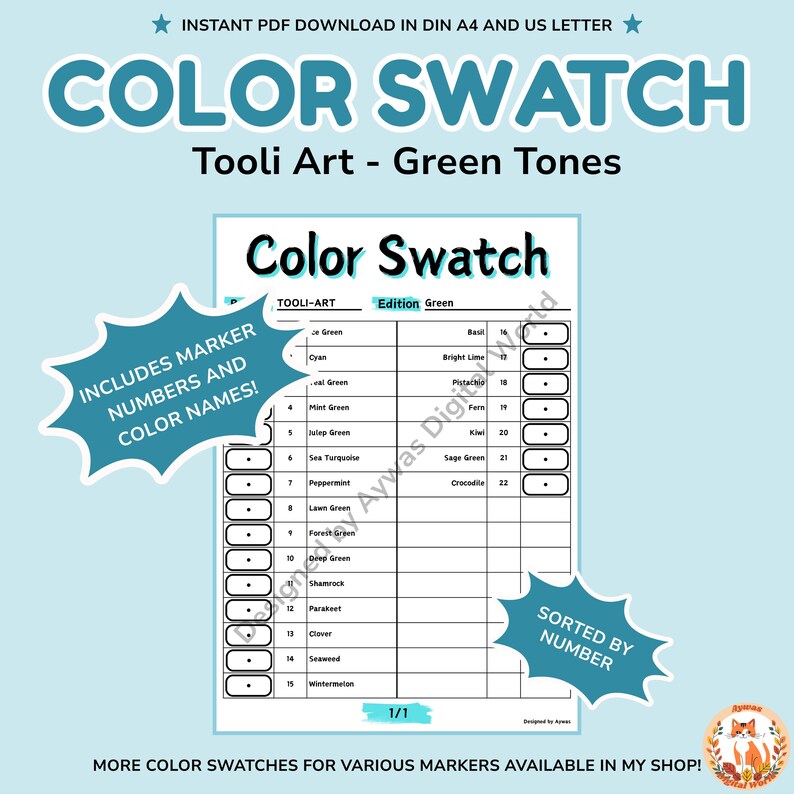 Tooli-art Green Tones Color Swatch Chart – Table Design – Printable PDF ...