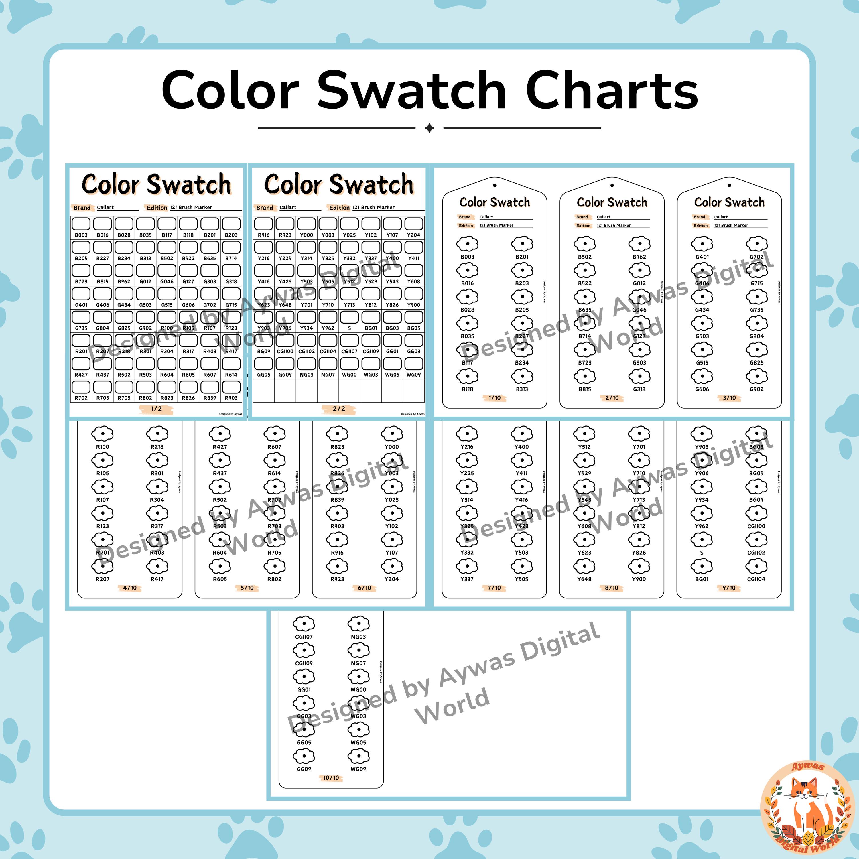 Caliart 121 Brush Marker Color Swatch Chart – Cloud + Grid Designs ...