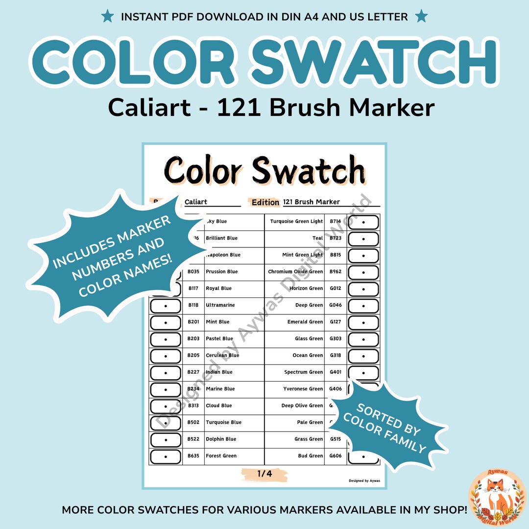 Caliart 121 Brush Marker Color Swatch Chart – Table Design – Printable ...