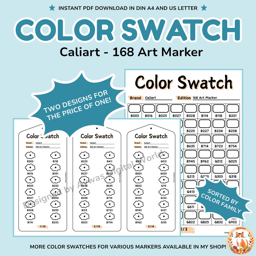 Caliart 168 Art Marker Color Swatch Chart – Cloud + Grid Designs ...