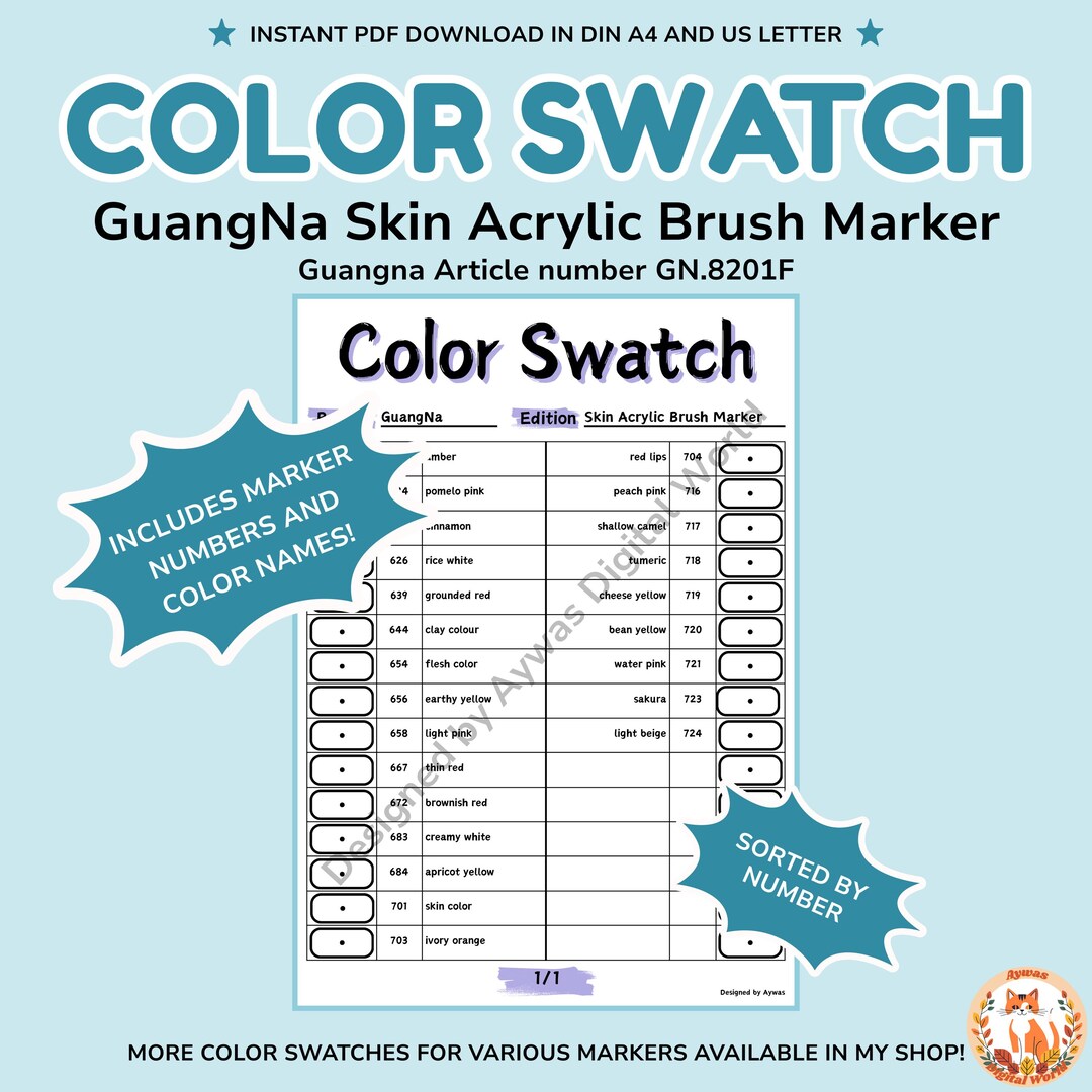 Guangna Acrylic Brush Marker Skin (GN.8201F) Color Swatch Chart – Table ...