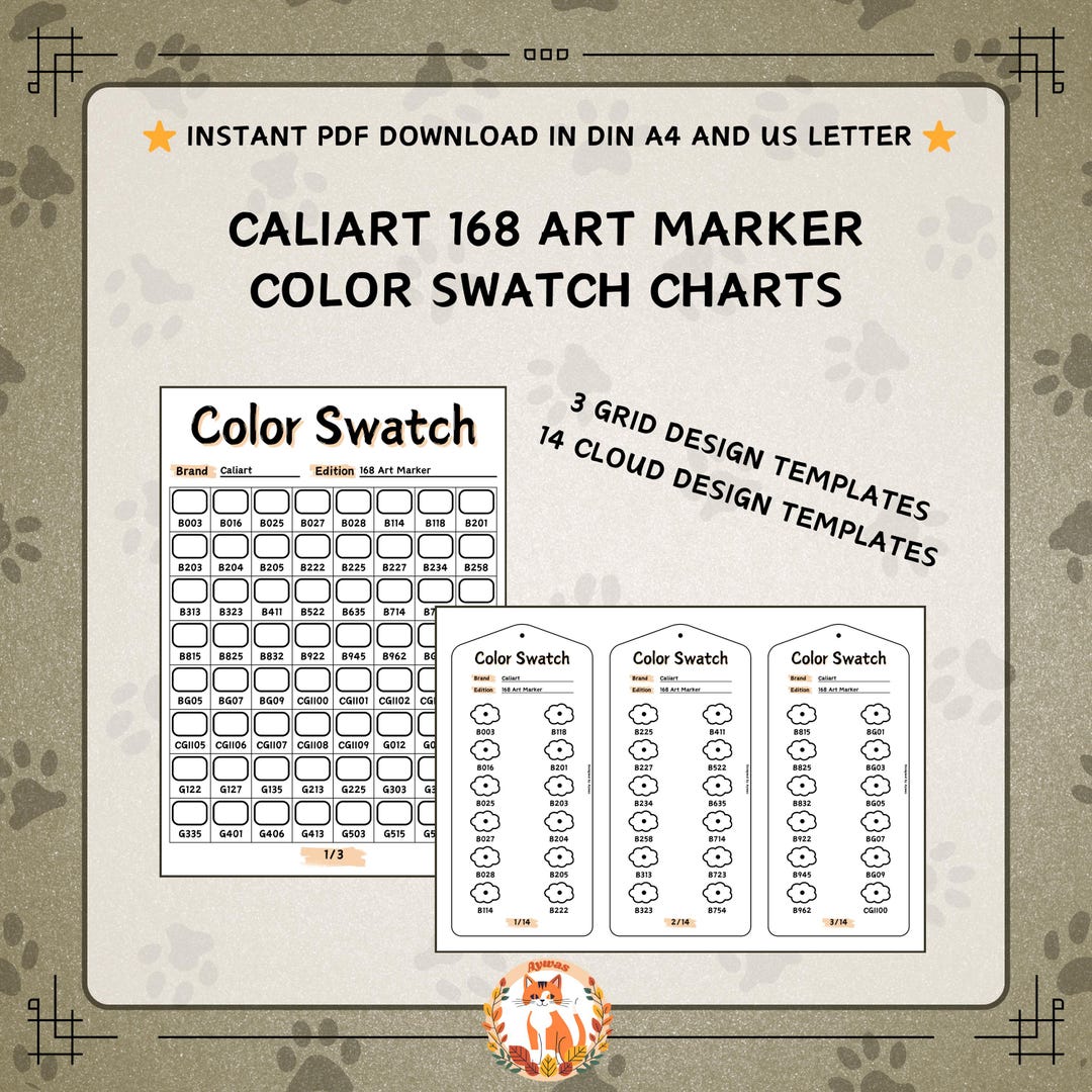 Caliart 168 Art Marker Color Swatch Chart Cloud Grid Designs Printable ...