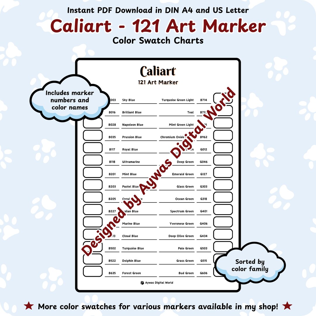 Caliart 121 Art Marker Color Swatch Chart – Table Design - DIN A4 + US ...