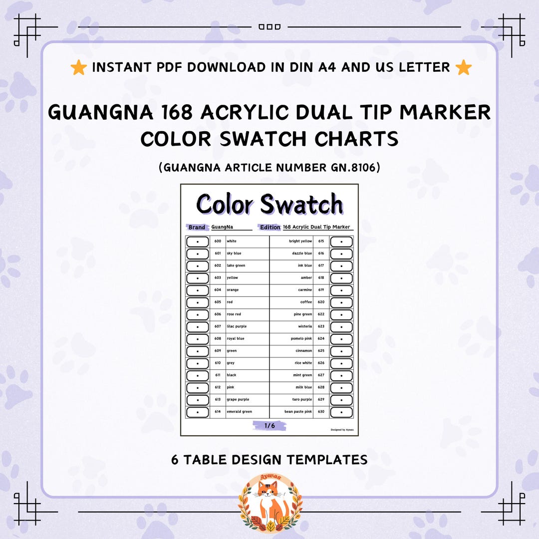Guangna Acrylic Dual Tip Marker 168 GN.8106 Color Swatch Chart Table ...