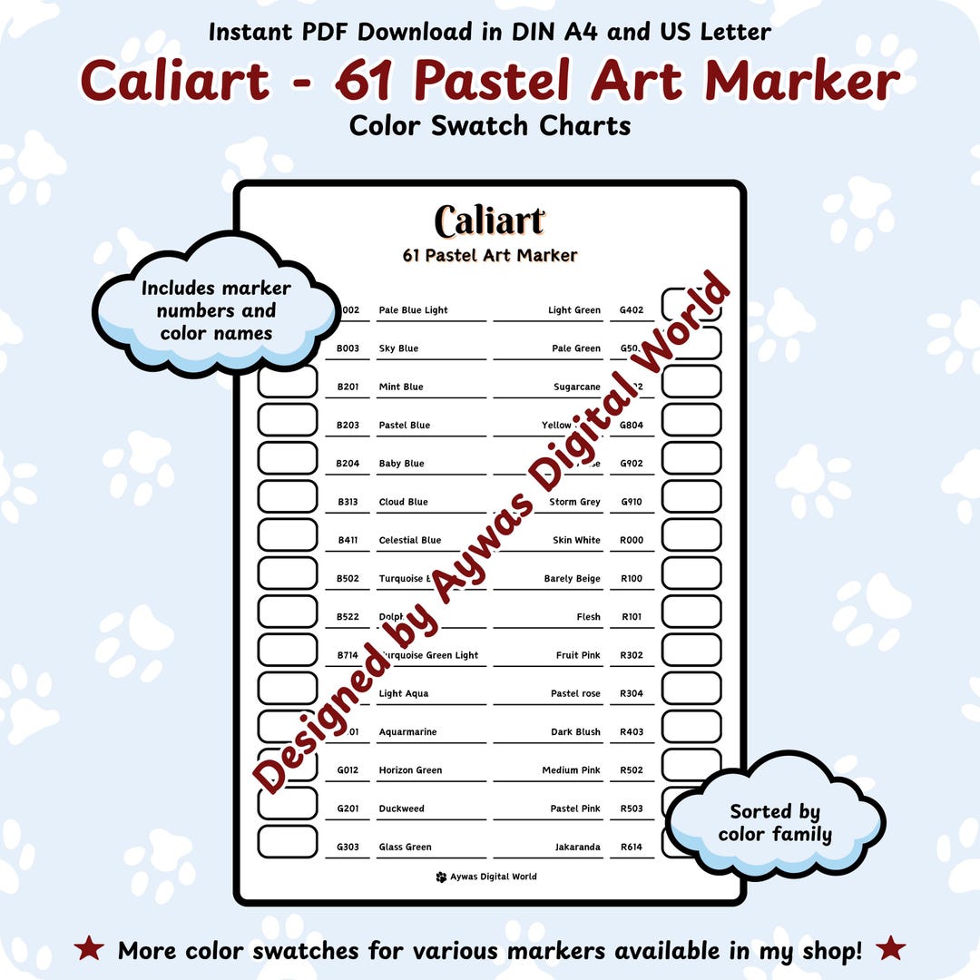 Caliart 61 Pastel Art Marker Color Swatch Chart – Table Design - DIN A4 ...