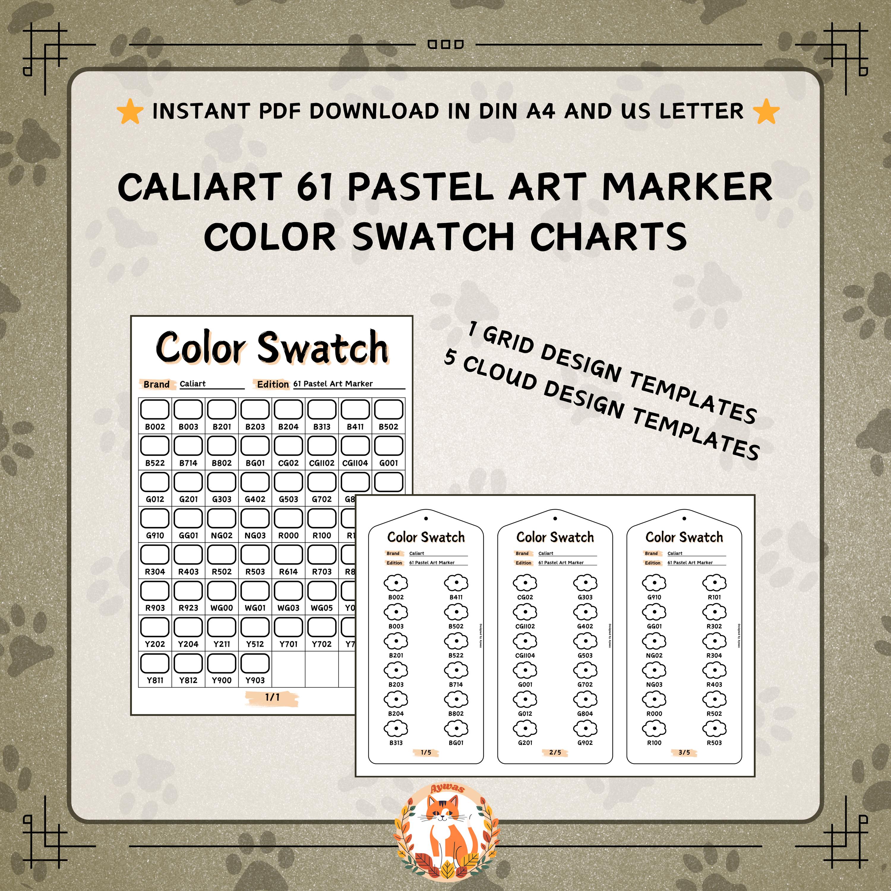 Caliart 61 Pastel Art Marker Color Swatch Chart – Cloud + Grid Designs ...